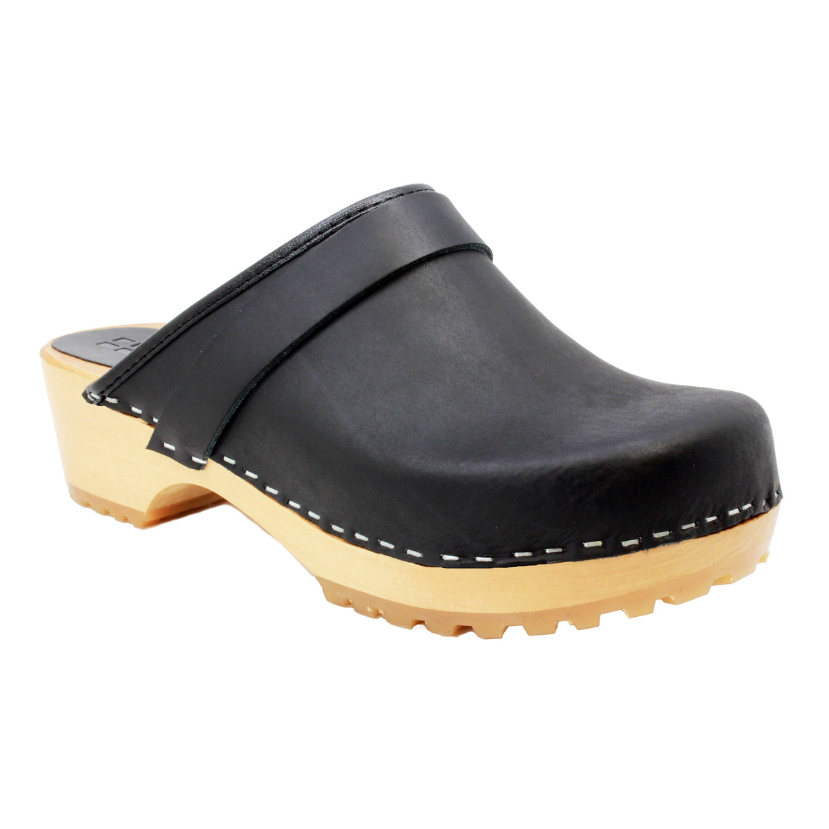 Tuva Wood Open Back Grip Black Natural Leather Clogs – BJORK Swedish ...