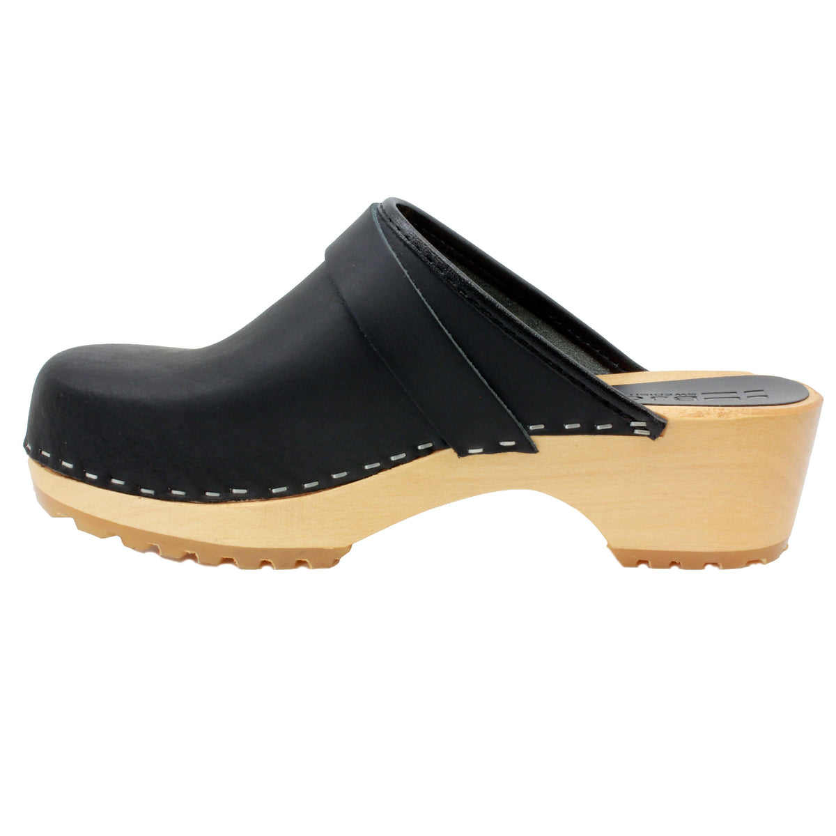 Tuva Wood Open Back Grip Black Natural Leather Clogs – BJORK Swedish ...