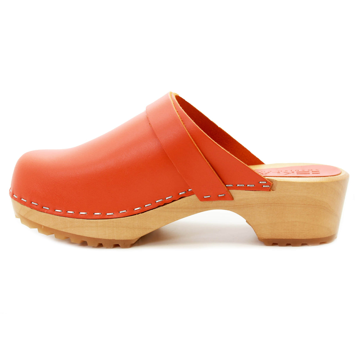 Tuva Wood Open Back Grip Orange Veg Tan Leather Clogs – BJORK Swedish ...