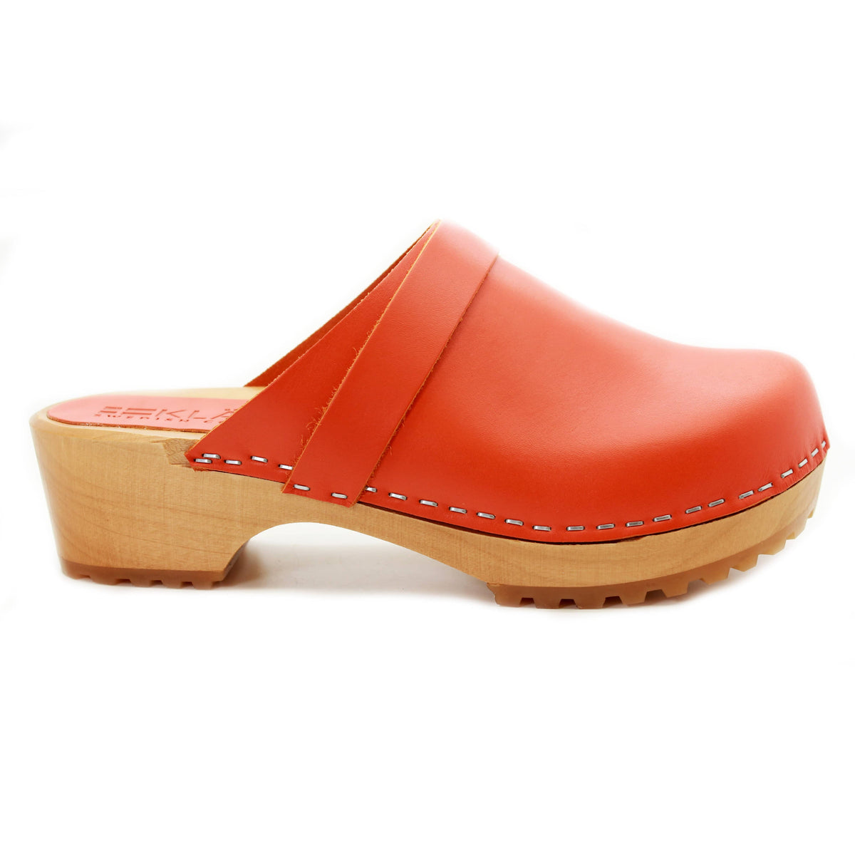 Tuva Wood Open Back Grip Orange Veg Tan Leather Clogs – BJORK Swedish ...