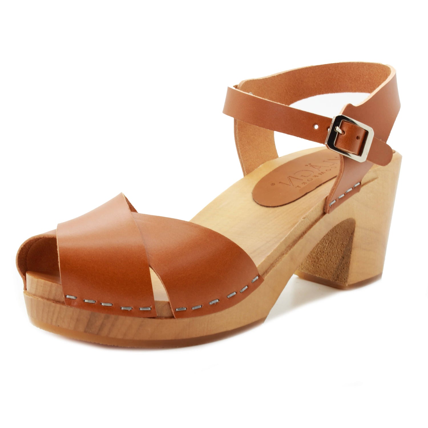 Duve Mid-heel Leather Peep Toe Wooden Clog Sandals – BJORK Swedish Comfort